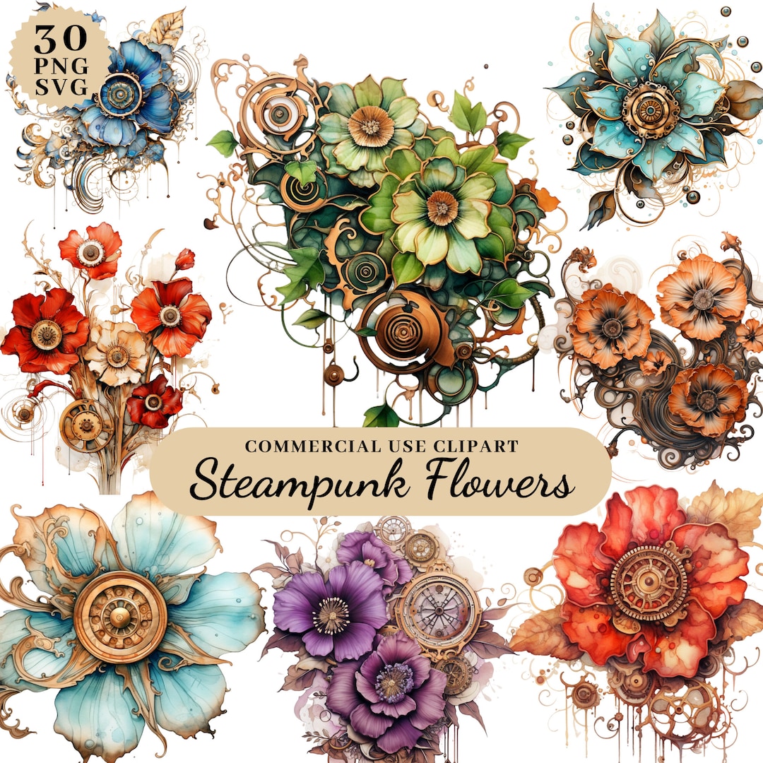 Watercolor Steampunk Flowers Clipart Bundle, Steampunk Fantasy Clipart ...
