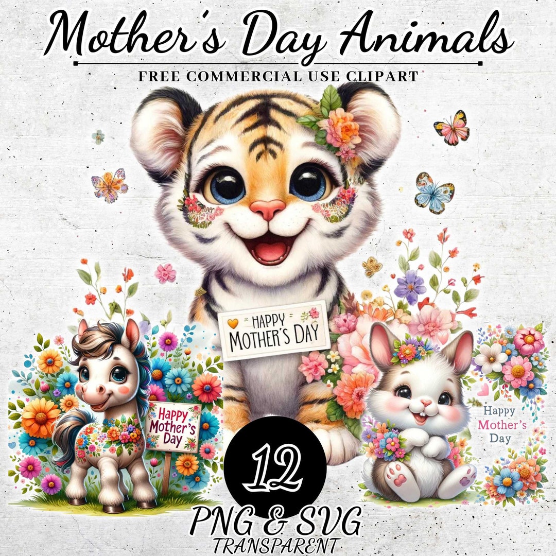 Mother's Day Animals Clipart, Floral Mother’s Day PNG, Safari Baby ...