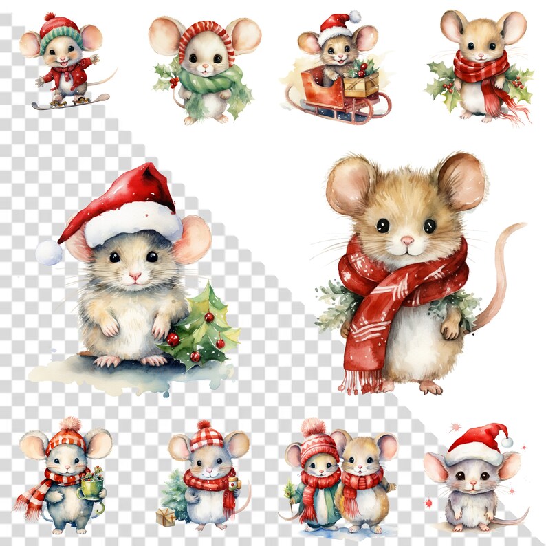Christmas Mouse Watercolor Clipart - Mice PNG - Christmas Decorations ...