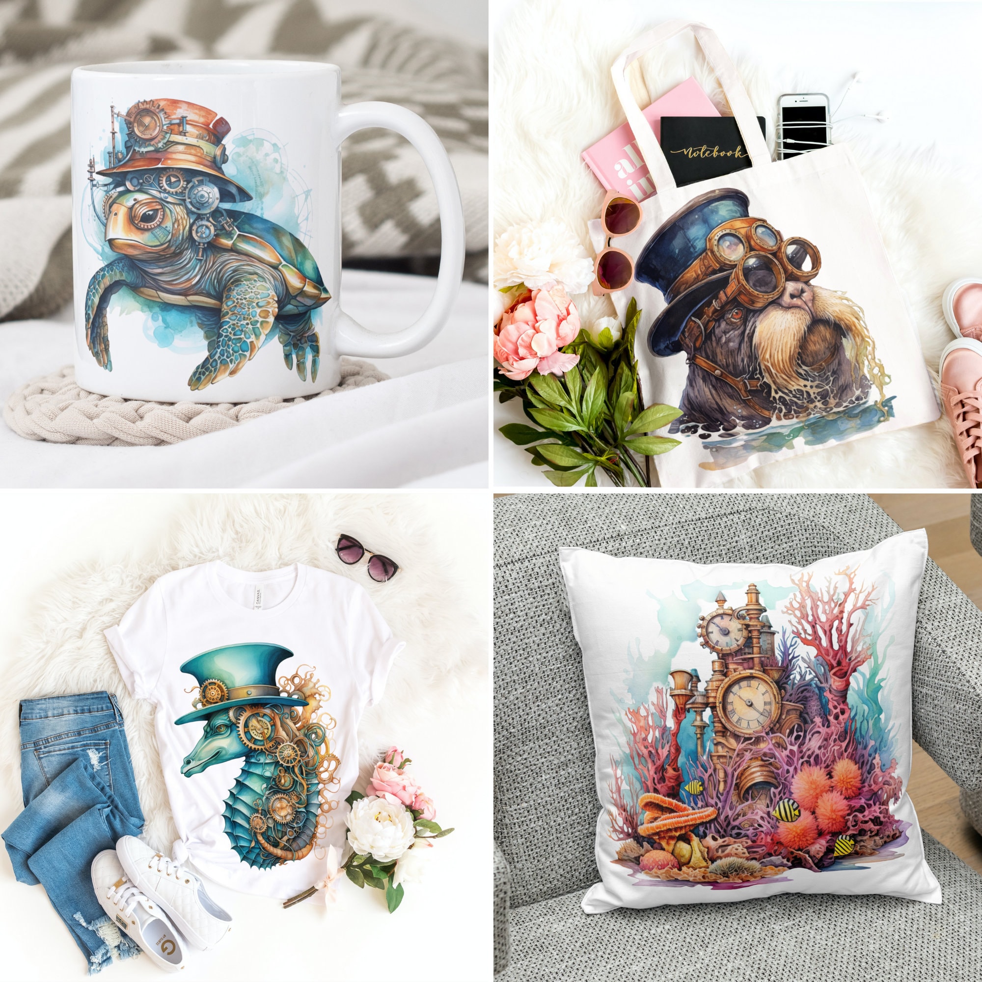 Watercolor Steampunk Ocean Animals Clipart Bundle, Steampunk Animal ...