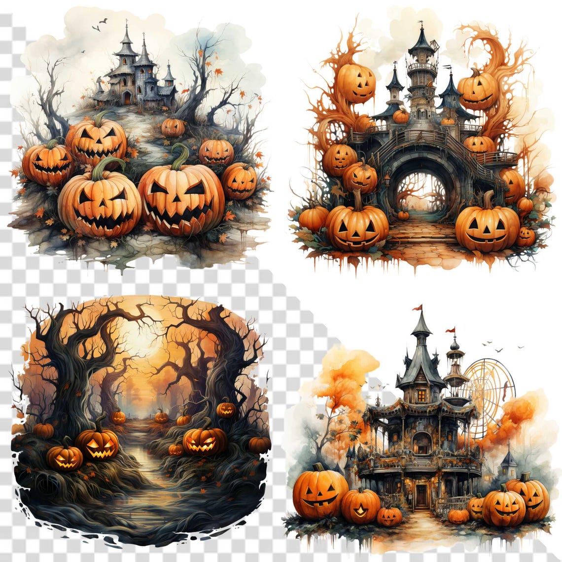 Watercolor Halloween Landscape Clipart Bundle, Scary Halloween Clipart ...