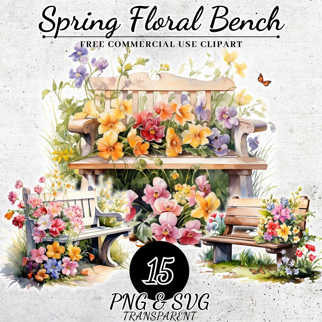 Watercolor Garden Bench Clipart, Spring Decorations Clipart, Spring ...