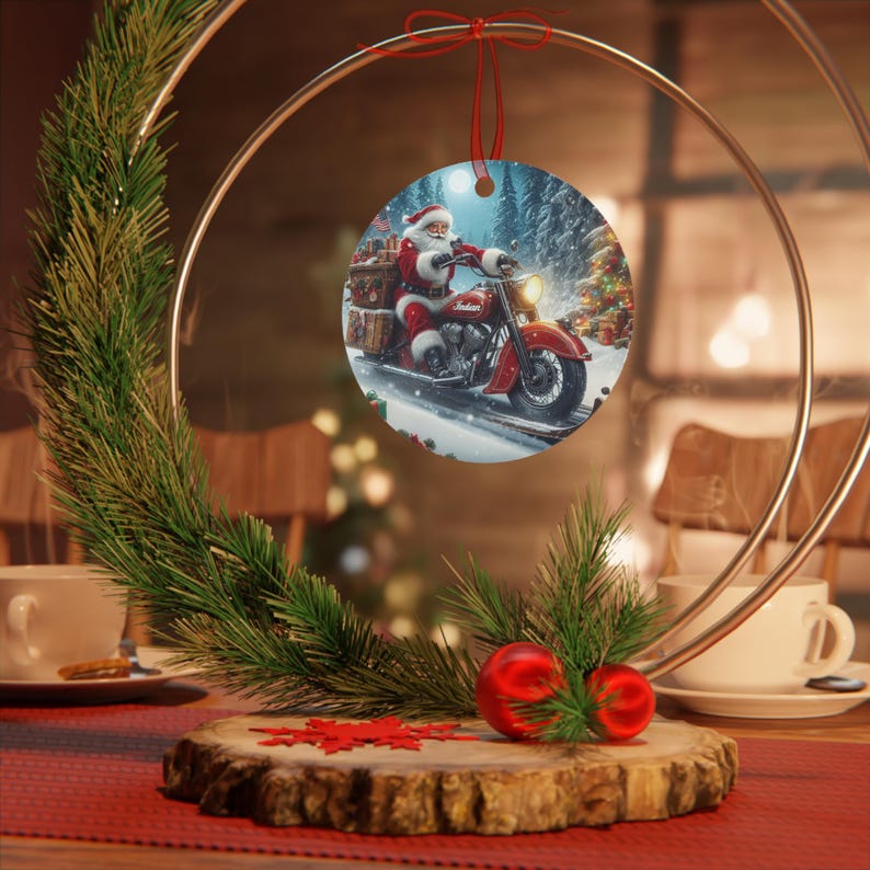 Santa Claus Riding an Indian Motorcycle Sled Christmas Ornament ...
