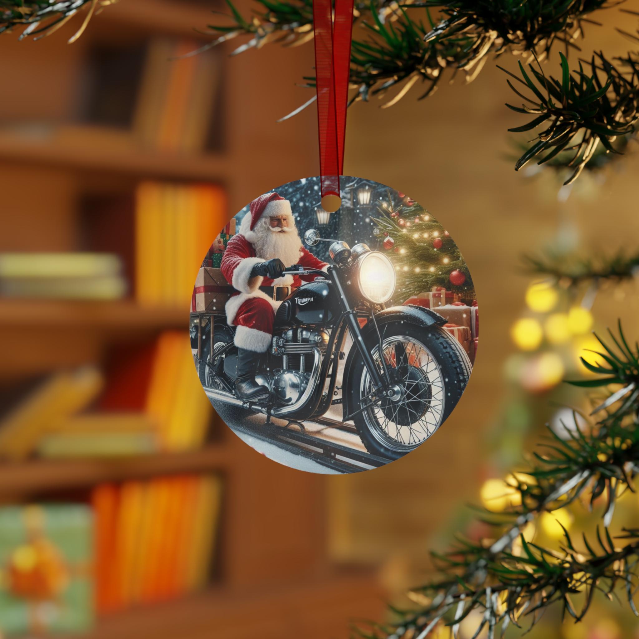 Santa Claus Riding A Triumph Motorcycle Sled Christmas Ornament, Biker ...