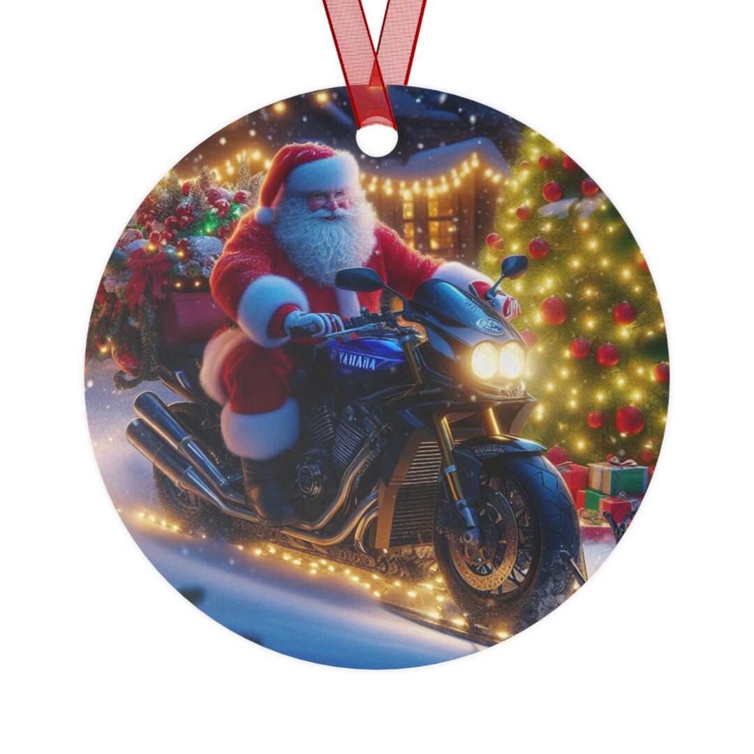Santa Claus Riding A Yamaha Motorcycle Sled Christmas Ornament, Yamaha ...