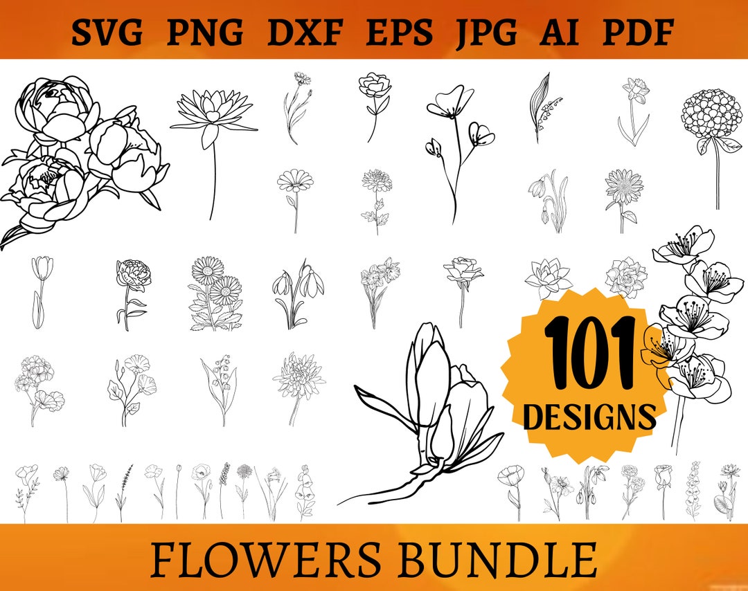101 FLOWERS SVG Bundle Flower Hand Drawn PNG for Shirt Wildflowers Art ...