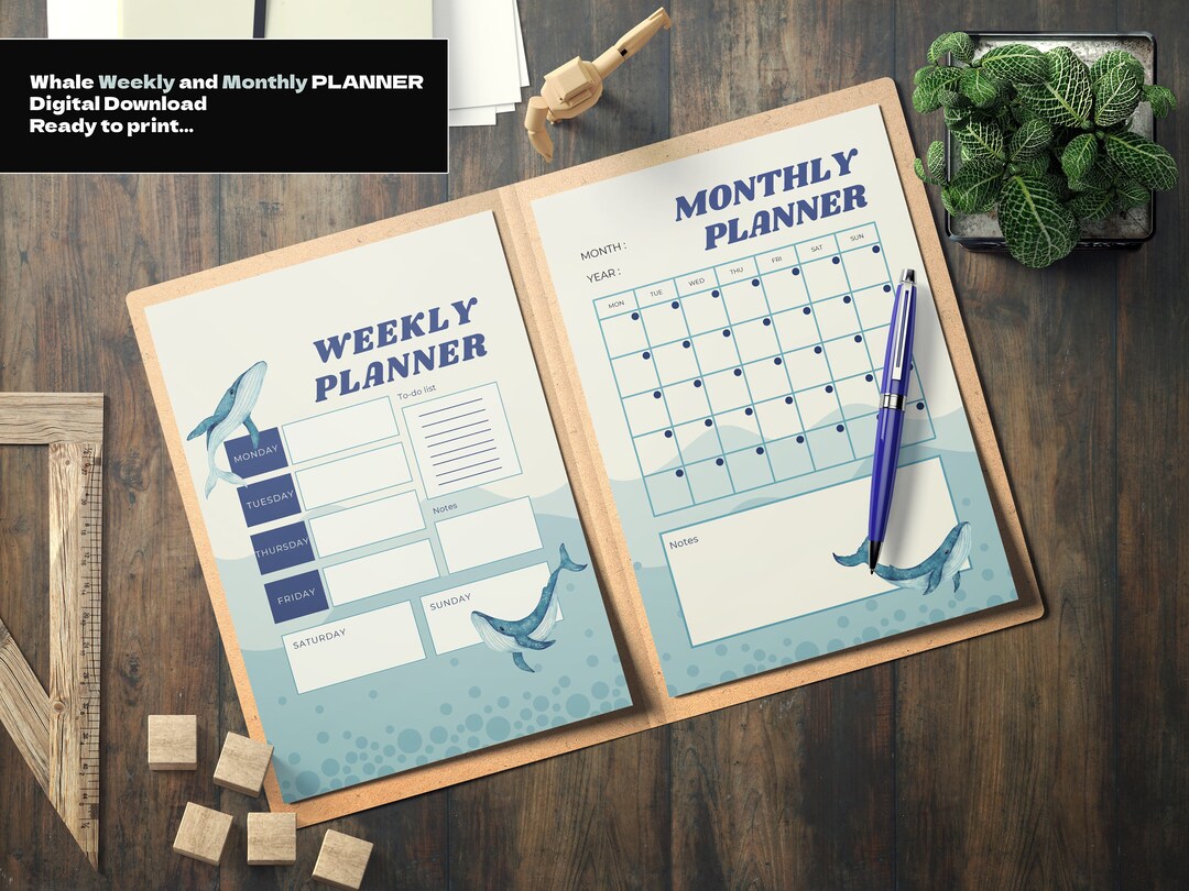 Whale Printable Weekly and Monthly Planner, A4 Ready to Print, Minimal ...