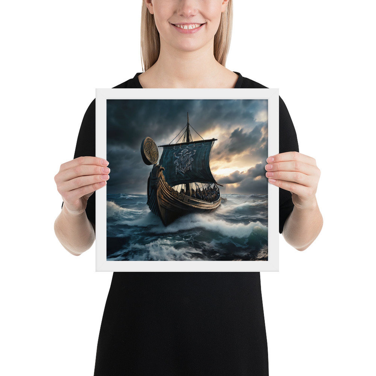 Viking Longship in Storm Poster – Norse Warrior Ship Wall Art, Stormy ...