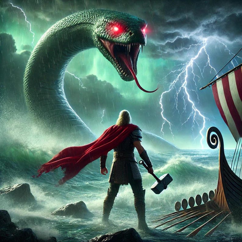 Thor Vs. Jörmungandr - Epic Showdown in Norse Mythology Poster - Etsy