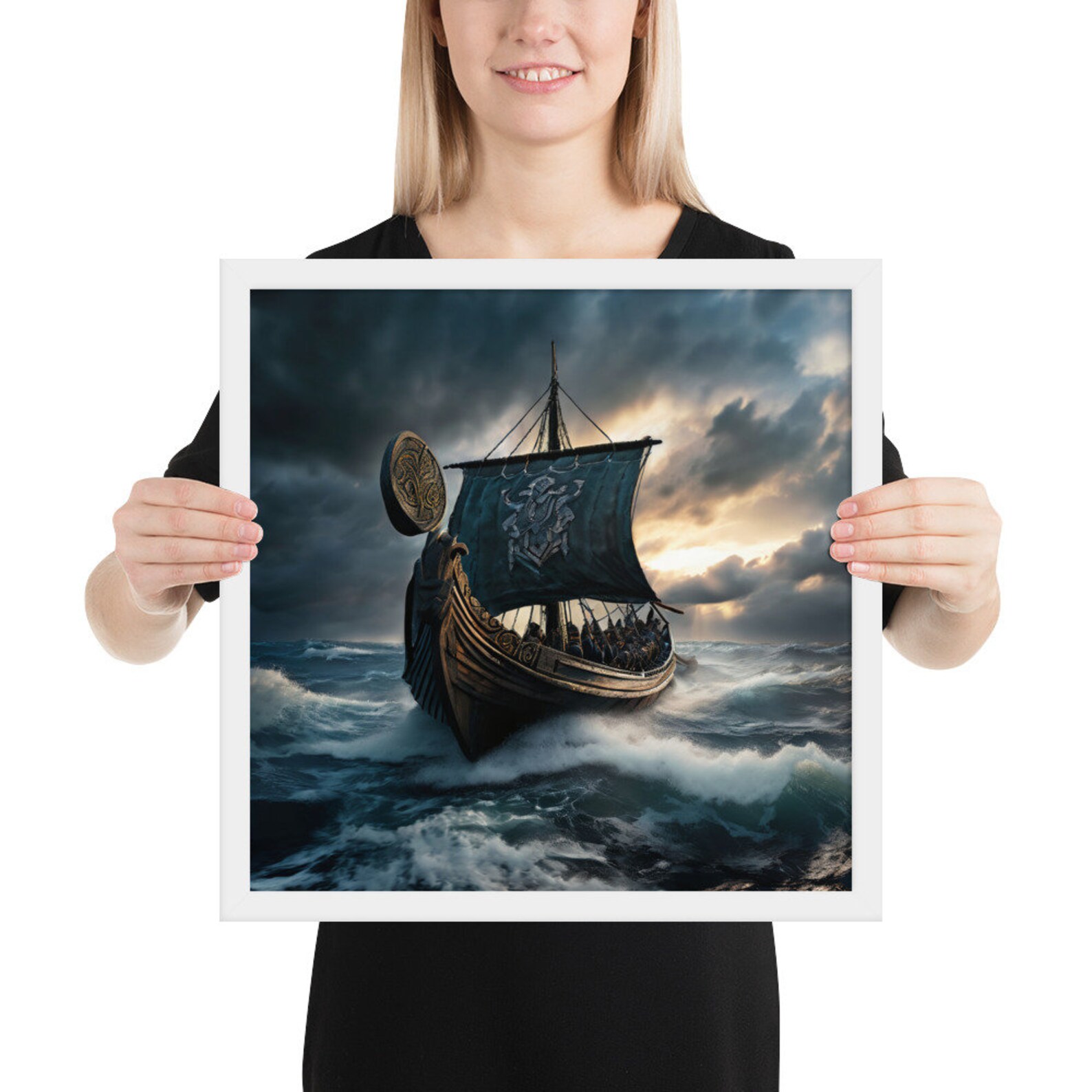 Viking Longship in Storm Poster – Norse Warrior Ship Wall Art, Stormy ...