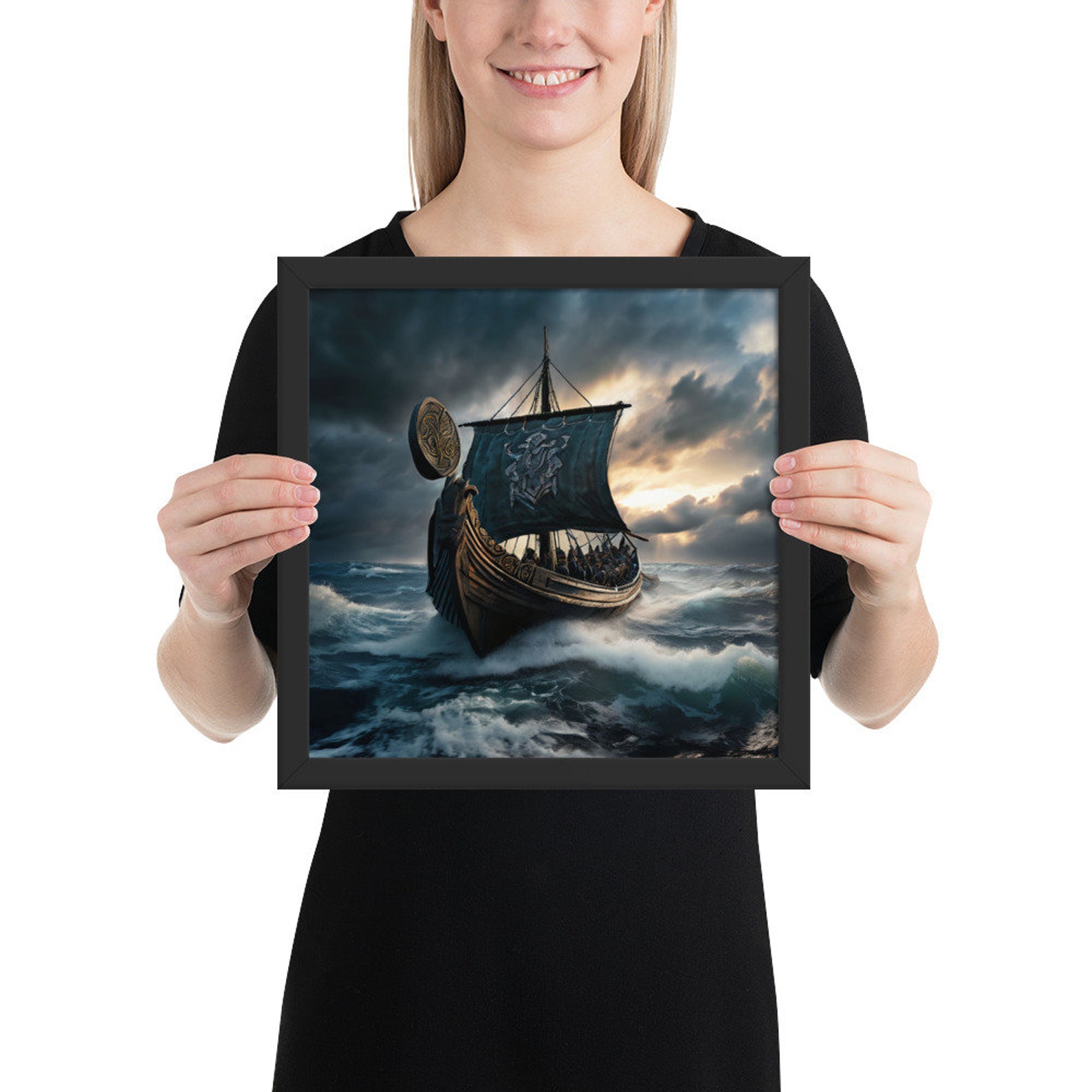 Viking Longship in Storm Poster – Norse Warrior Ship Wall Art, Stormy ...