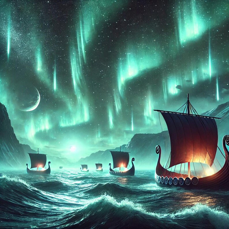 Under Northern Skies - Viking Longships Beneath the Aurora - Framed ...