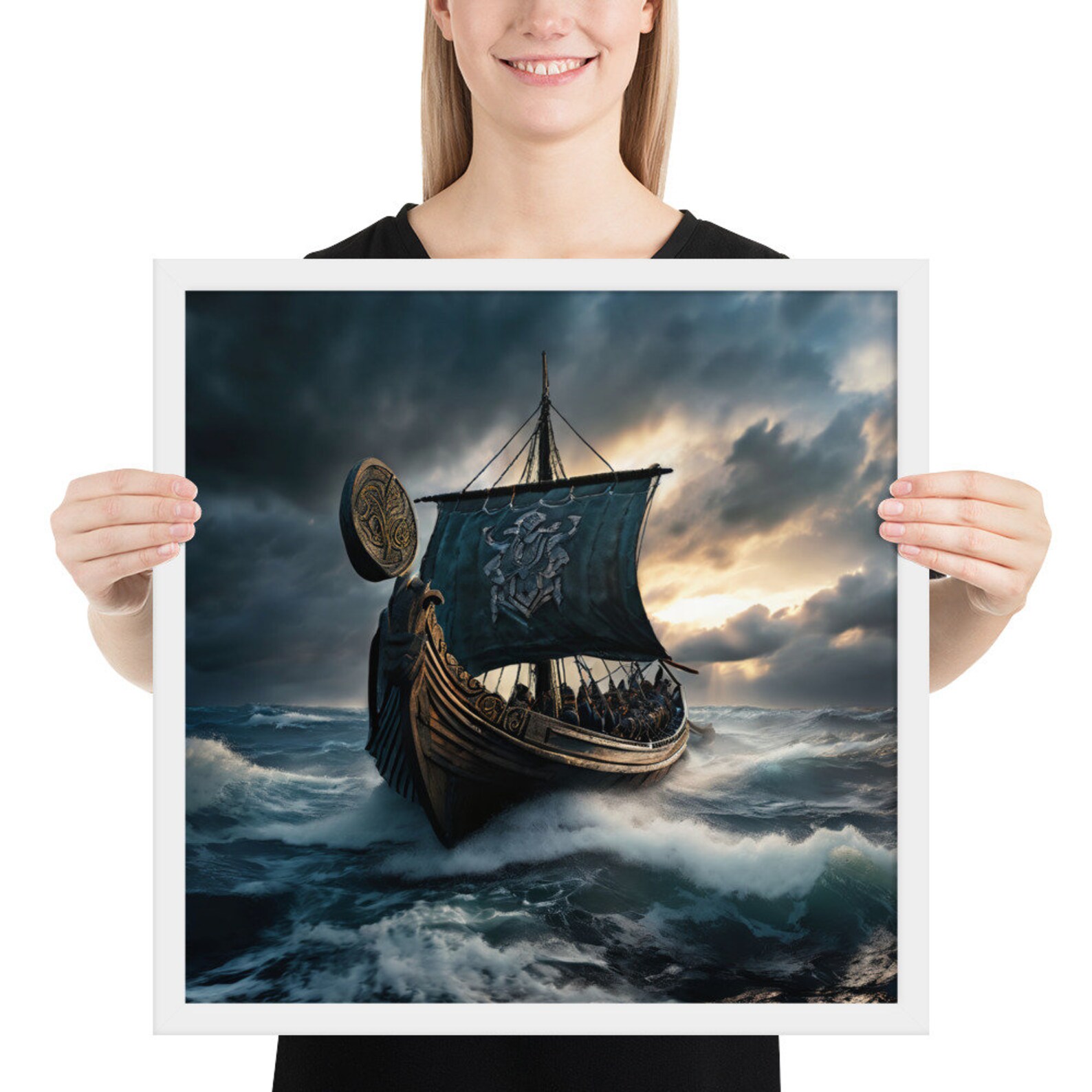 Viking Longship in Storm Poster – Norse Warrior Ship Wall Art, Stormy ...