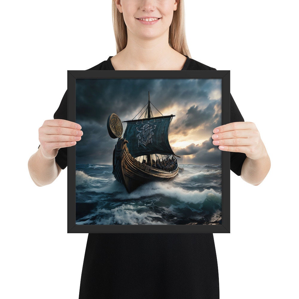 Viking Longship in Storm Poster – Norse Warrior Ship Wall Art, Stormy ...