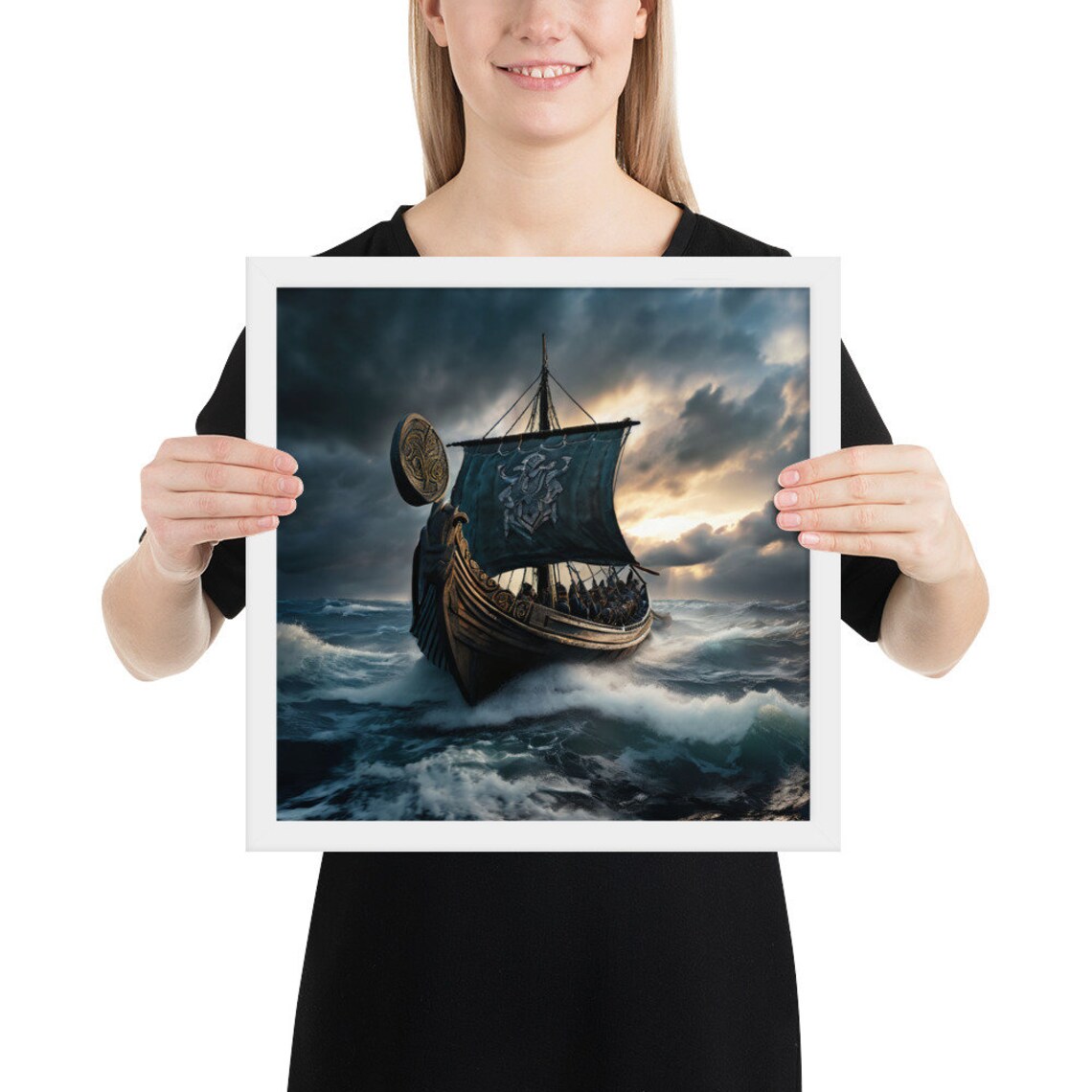 Viking Longship in Storm Poster – Norse Warrior Ship Wall Art, Stormy ...