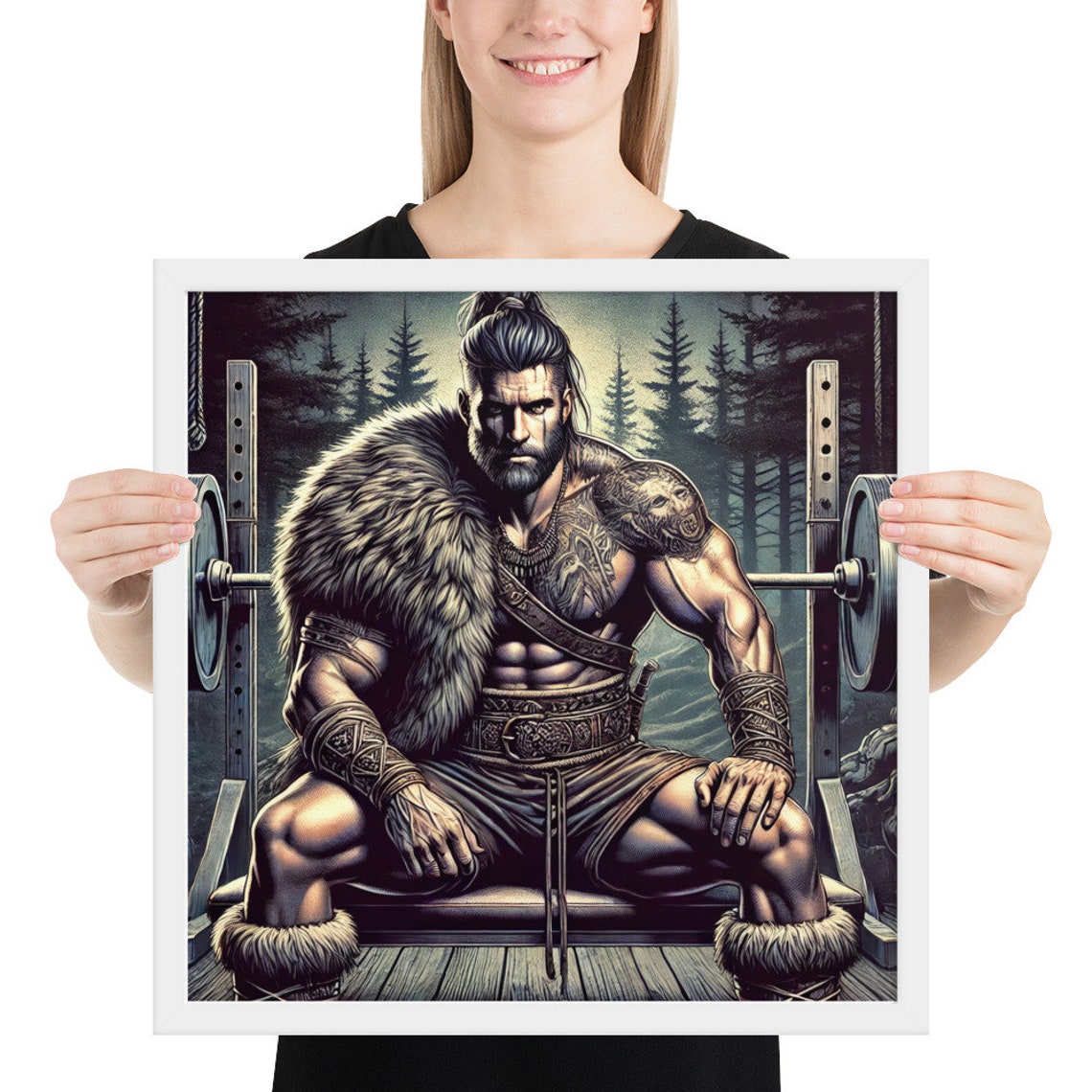 Viking Gym Wall Art – Berserker on Bench Print, Nordic Warrior Fitness ...