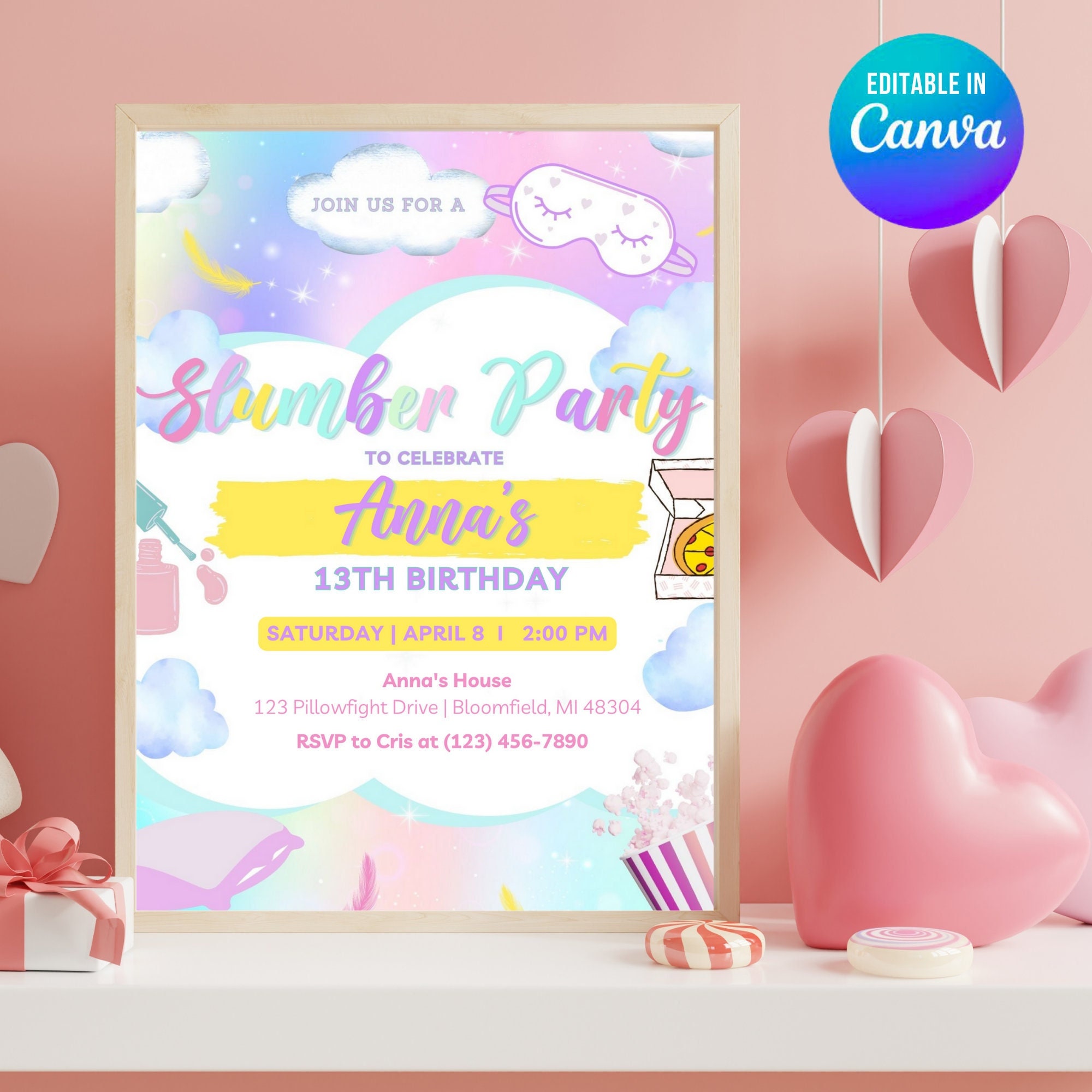 Editable Pink Sleepover Party Birthday Invitation Slumber Birthday ...