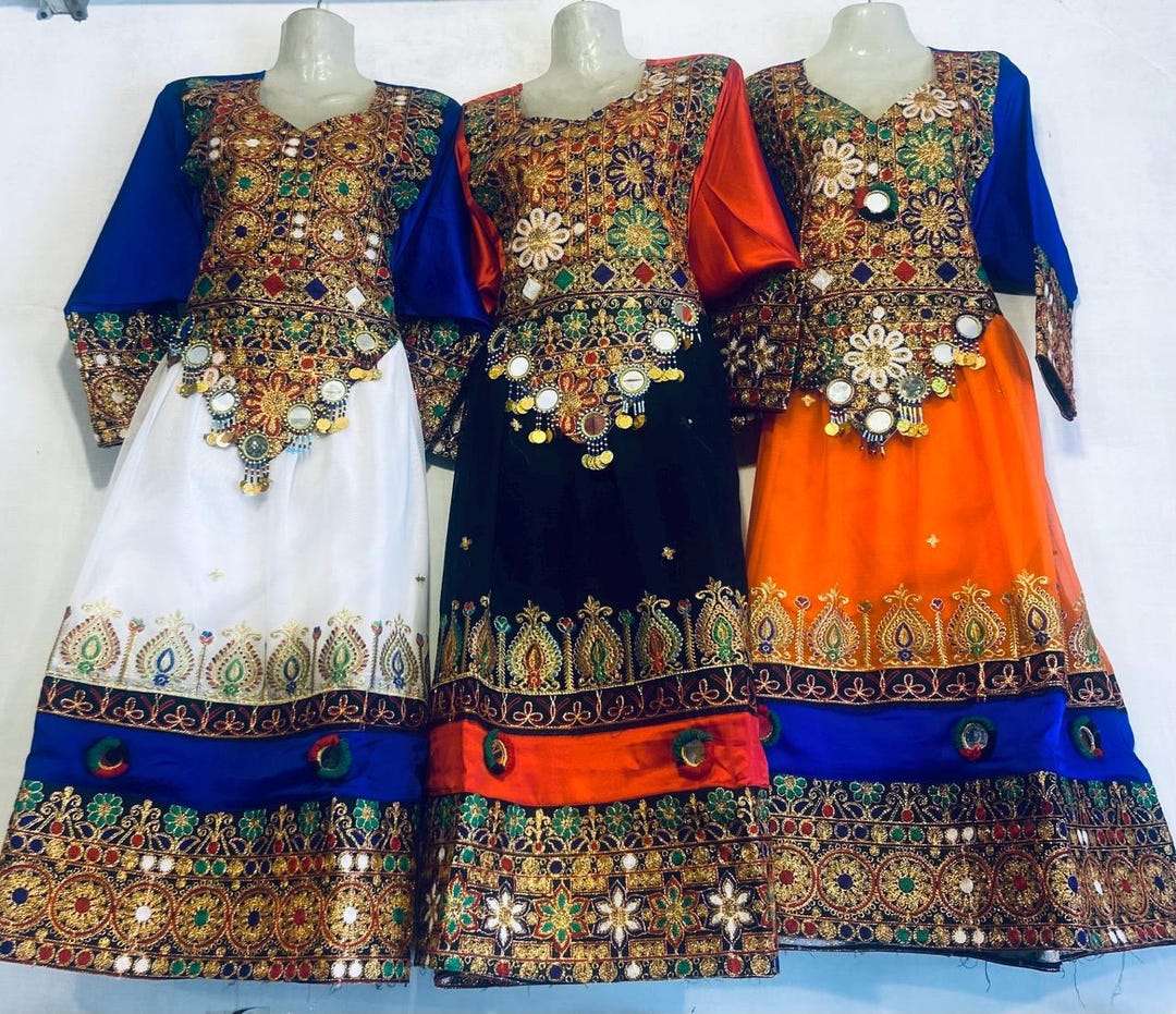 Traditional Afghani Kuchi 3-piece Dress, Crinkle Fabric Floral ...