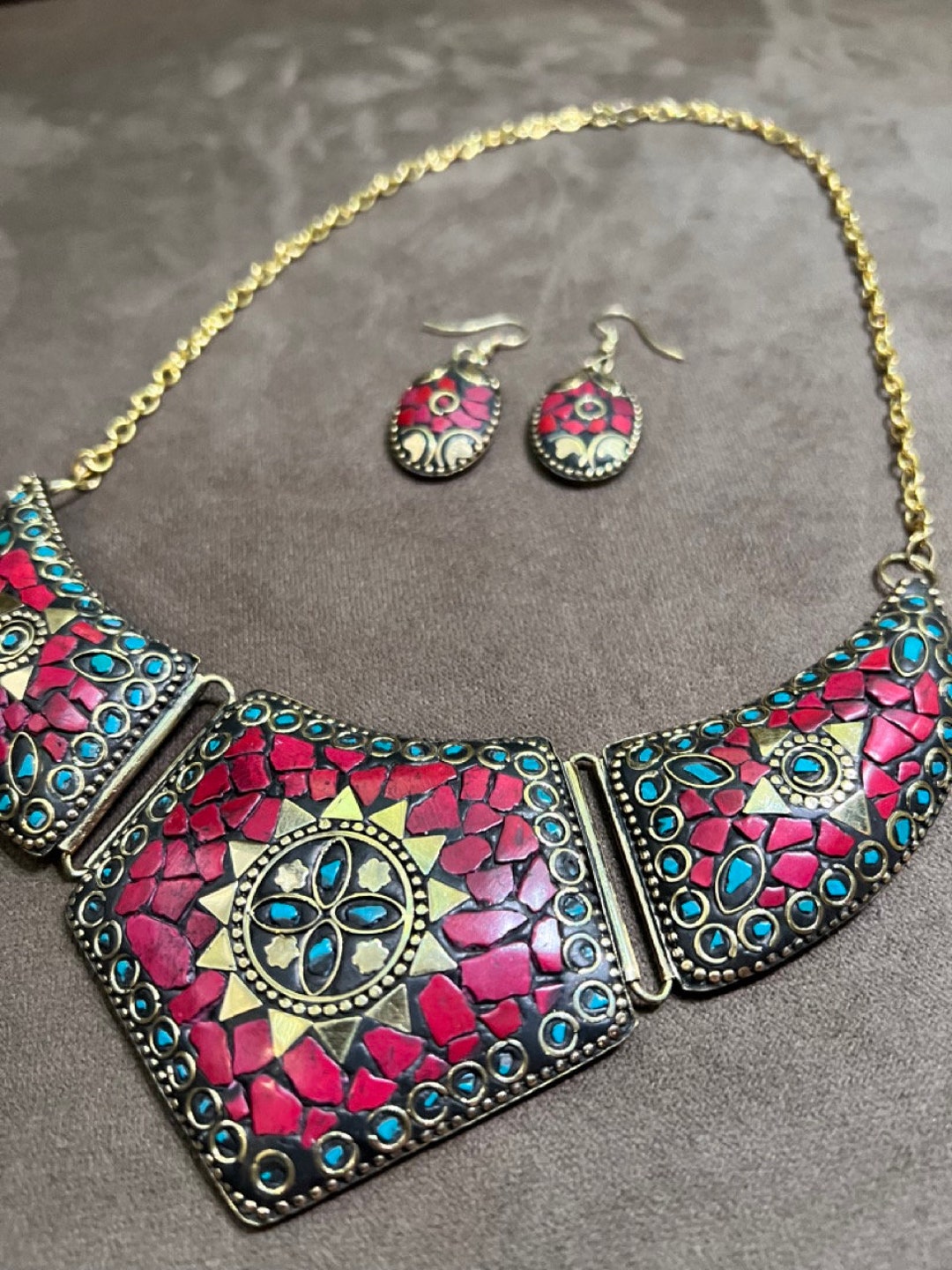 Tibetan Mosaic Jewelry Set, Stone Mosaic Jewelry Set, Mosaic Bib ...