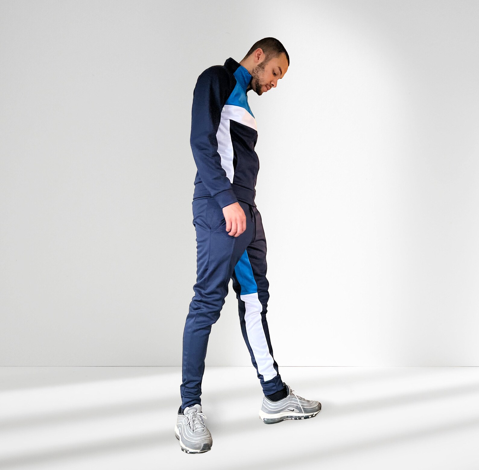 Blue and White Three Tone Skinny Fit Tracksuit Set for Men and Women ...