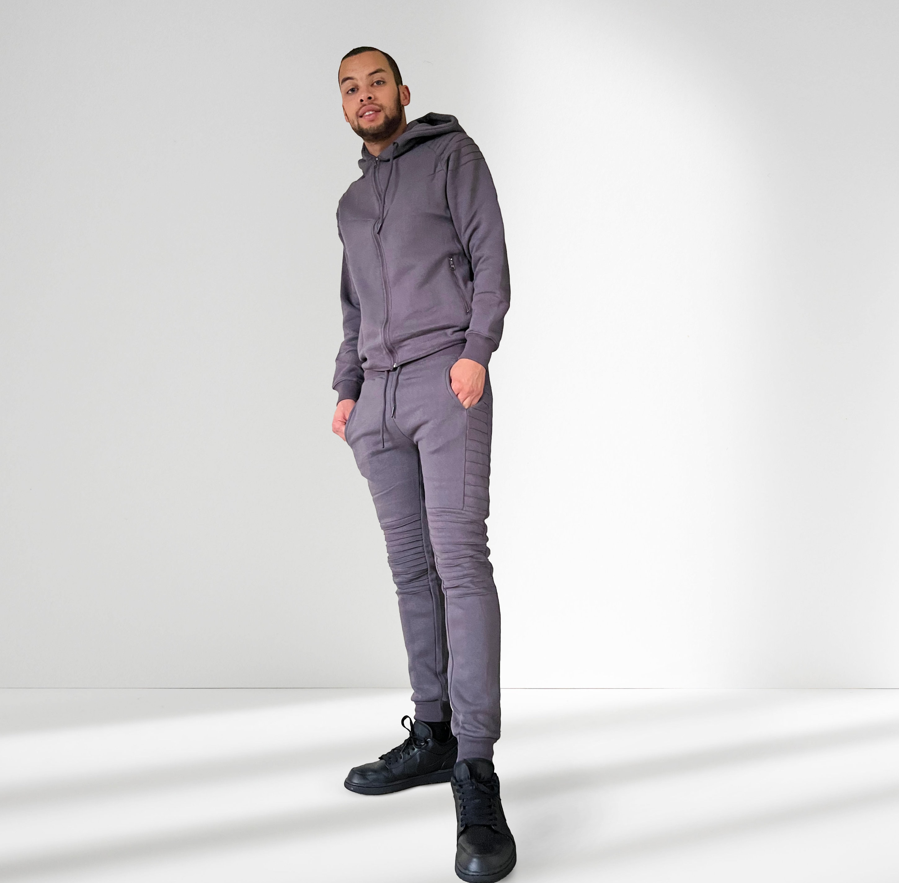 Mens Grey Biker Slim Fit Ribbed Casual Tracksuit Set - Fashionable Gift ...