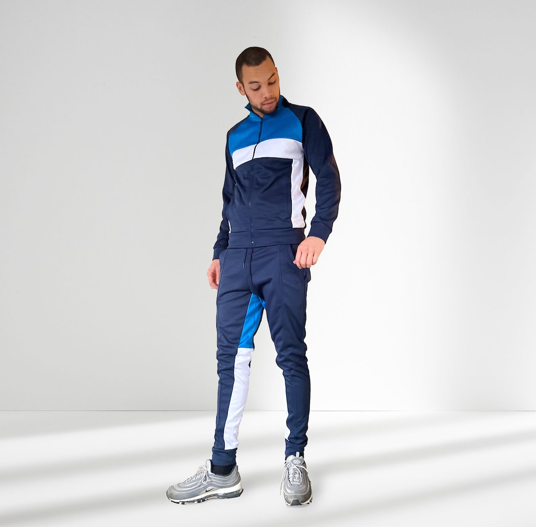 Blue and White Three Tone Skinny Fit Tracksuit Set for Men and Women ...