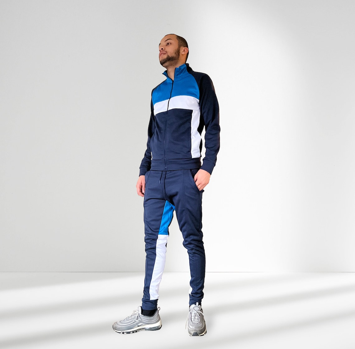 Blue and White Three Tone Skinny Fit Tracksuit Set for Men and Women ...