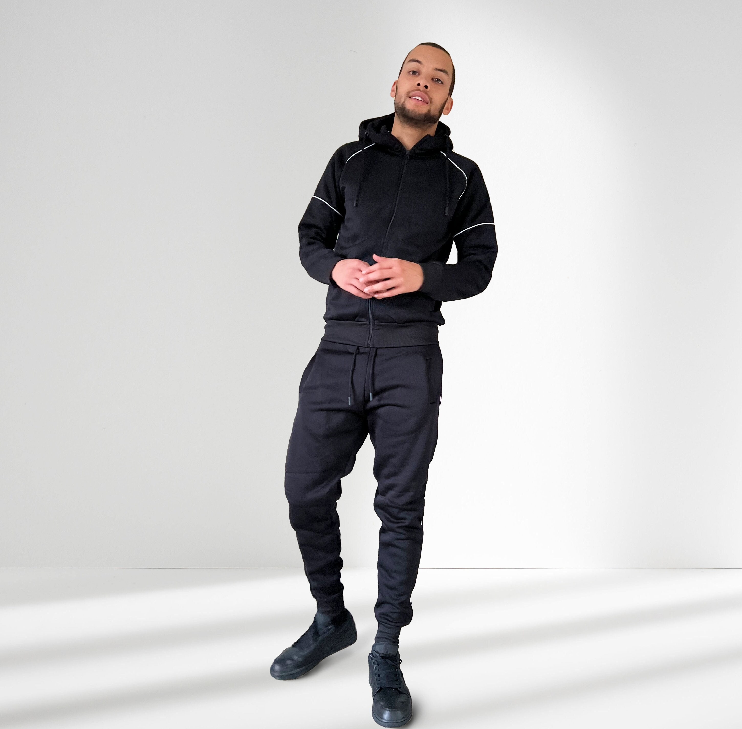 Mens Black or Navy Blue Fitted Tracksuit White Reflective Lined Zip ...