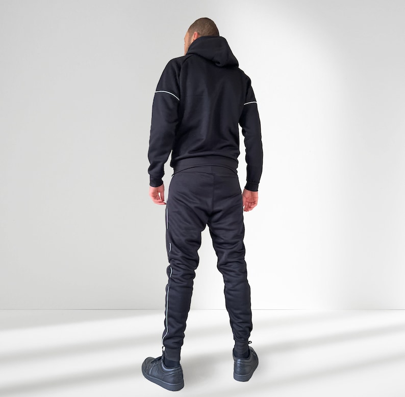 Mens Black or Navy Blue Fitted Tracksuit White Reflective Lined Zip ...