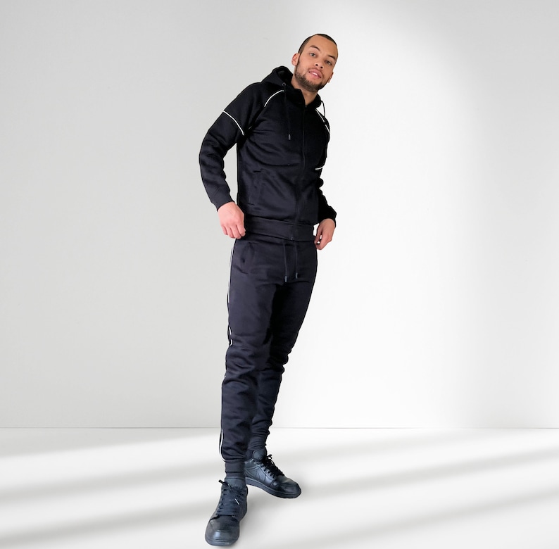 Mens Black or Navy Blue Fitted Tracksuit White Reflective Lined Zip ...