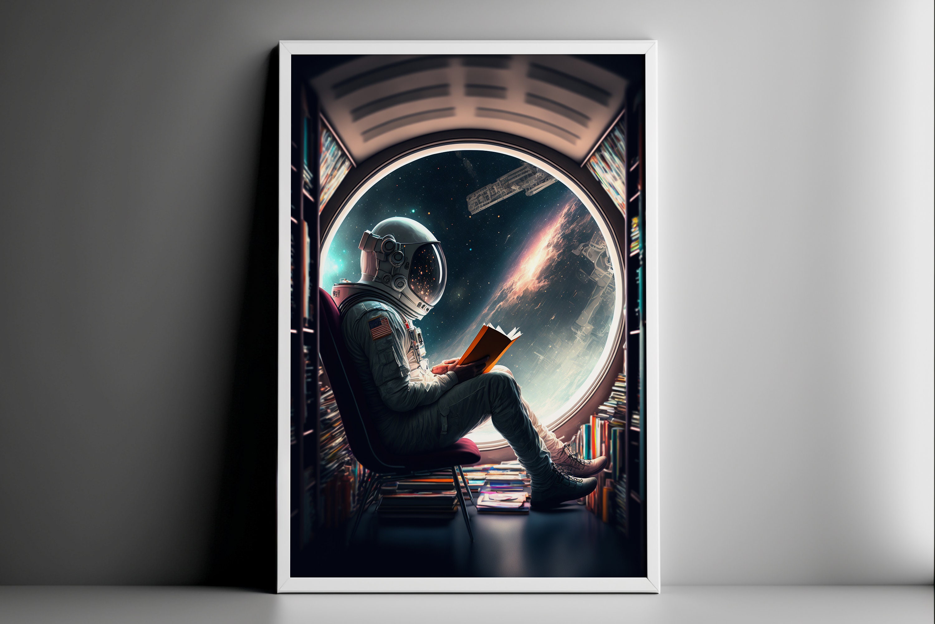 Astronaut in Space Library, Digital Art Print, Digital Download, Canvas ...
