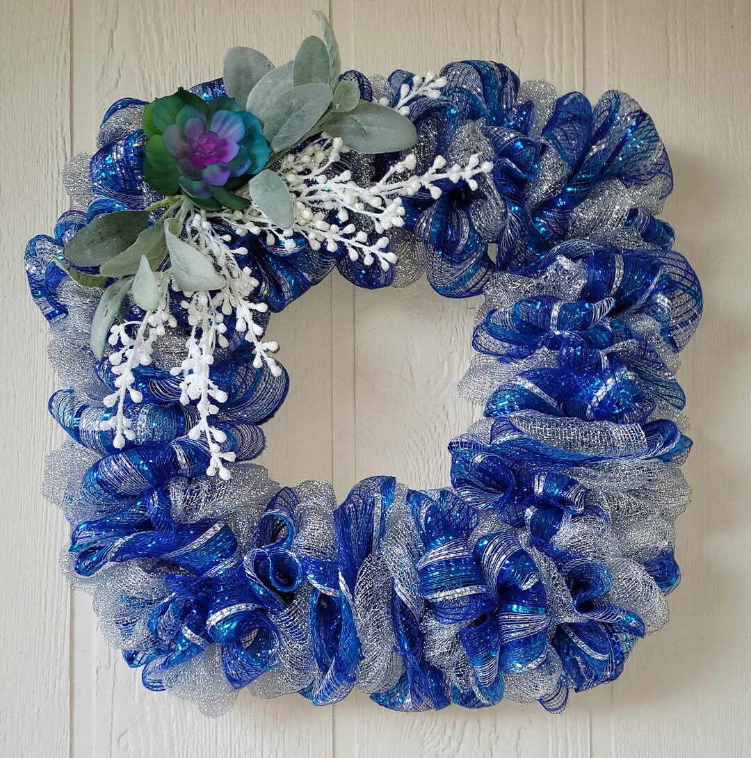 Blue & Silver Square Deco Mesh Wreath Trimmed With Succulent and Lambs ...