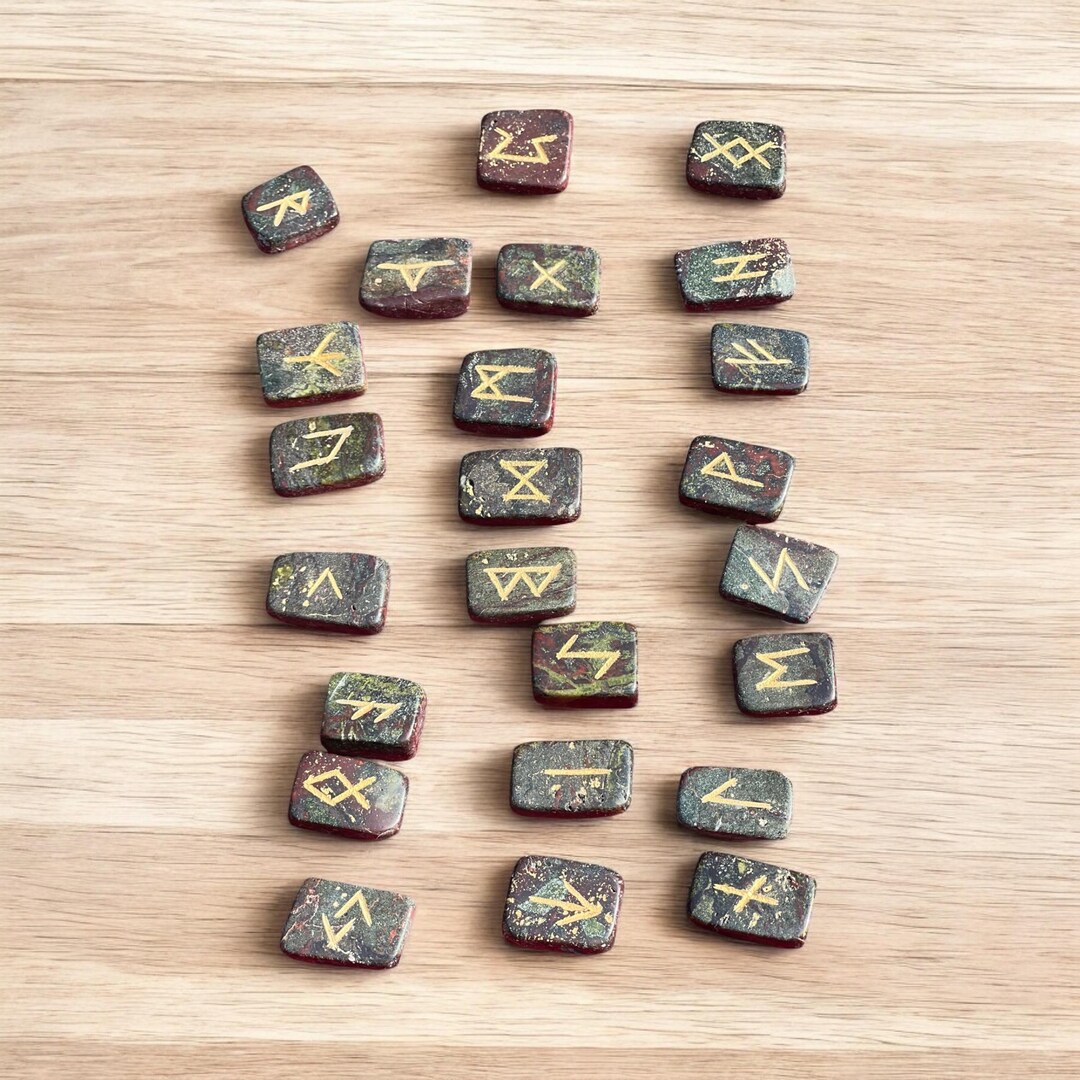 Rune Set Flat Engraved Natural Dark Green Bloodstone/ Crystal Elder ...