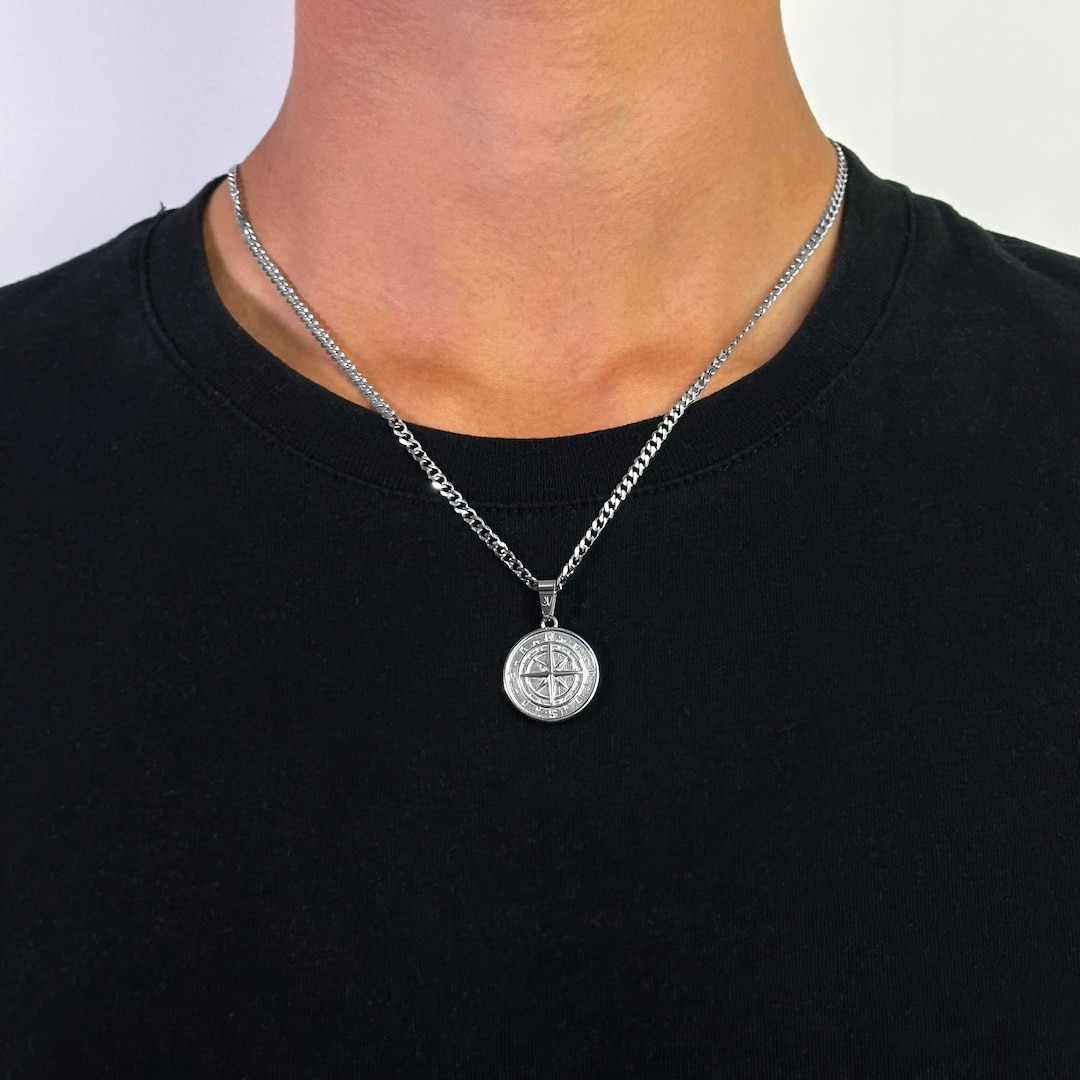 Compass Chain Silver Men 4mm Cuban Link Chain Compass Necklace Men ...