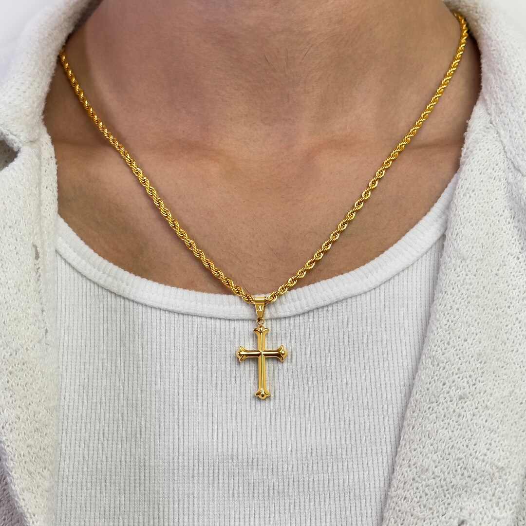 Cross Chain Gold - 3mm Rope Necklace - Cross Pendant Gold - Religious ...