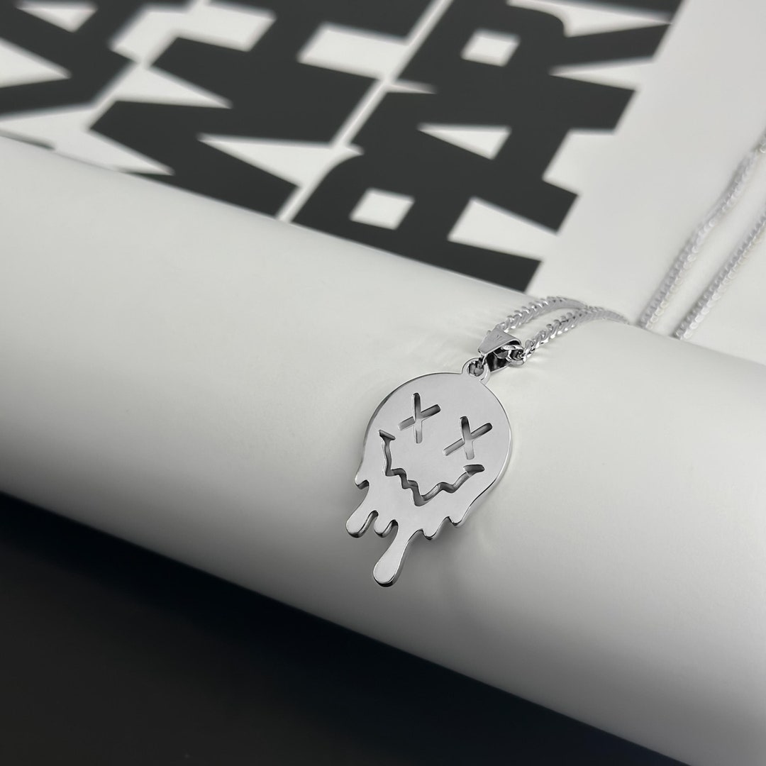 Melting Smiley Chain Drippy Smiley Pendant Silver Chain Men Streetwear ...