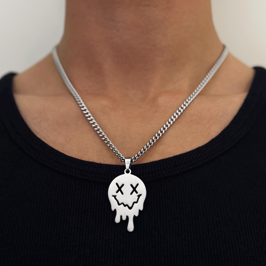 Melting Smiley Chain - Drippy Smiley Pendant - Silver Chain Men ...