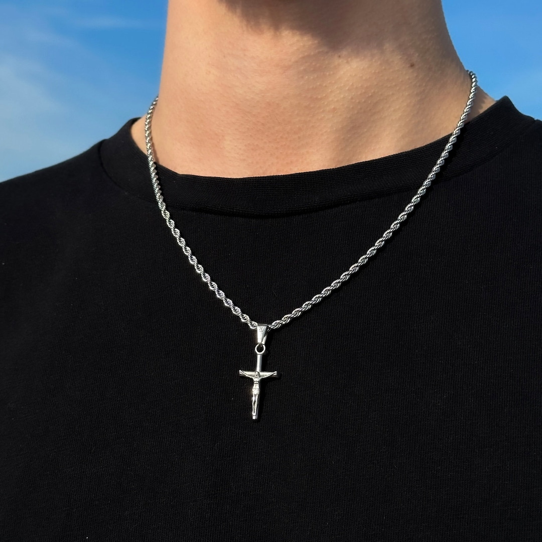 Jesus Cross Chain Silver Men 3mm Rope Chain Jesus Cross Necklace Silver ...