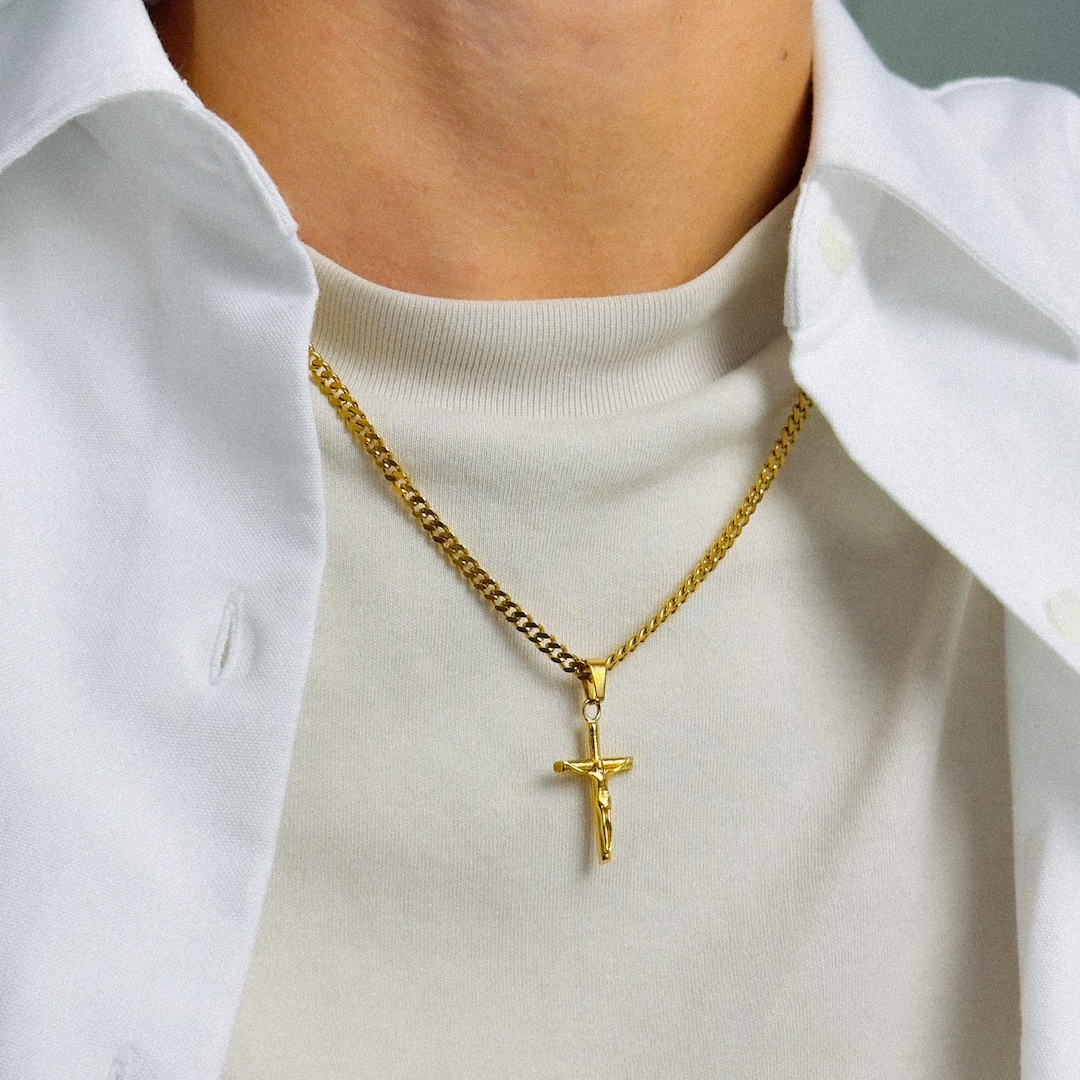 Jesus Cross Chain Men - 4mm Cuban Link Chain - Crucifix Necklace ...
