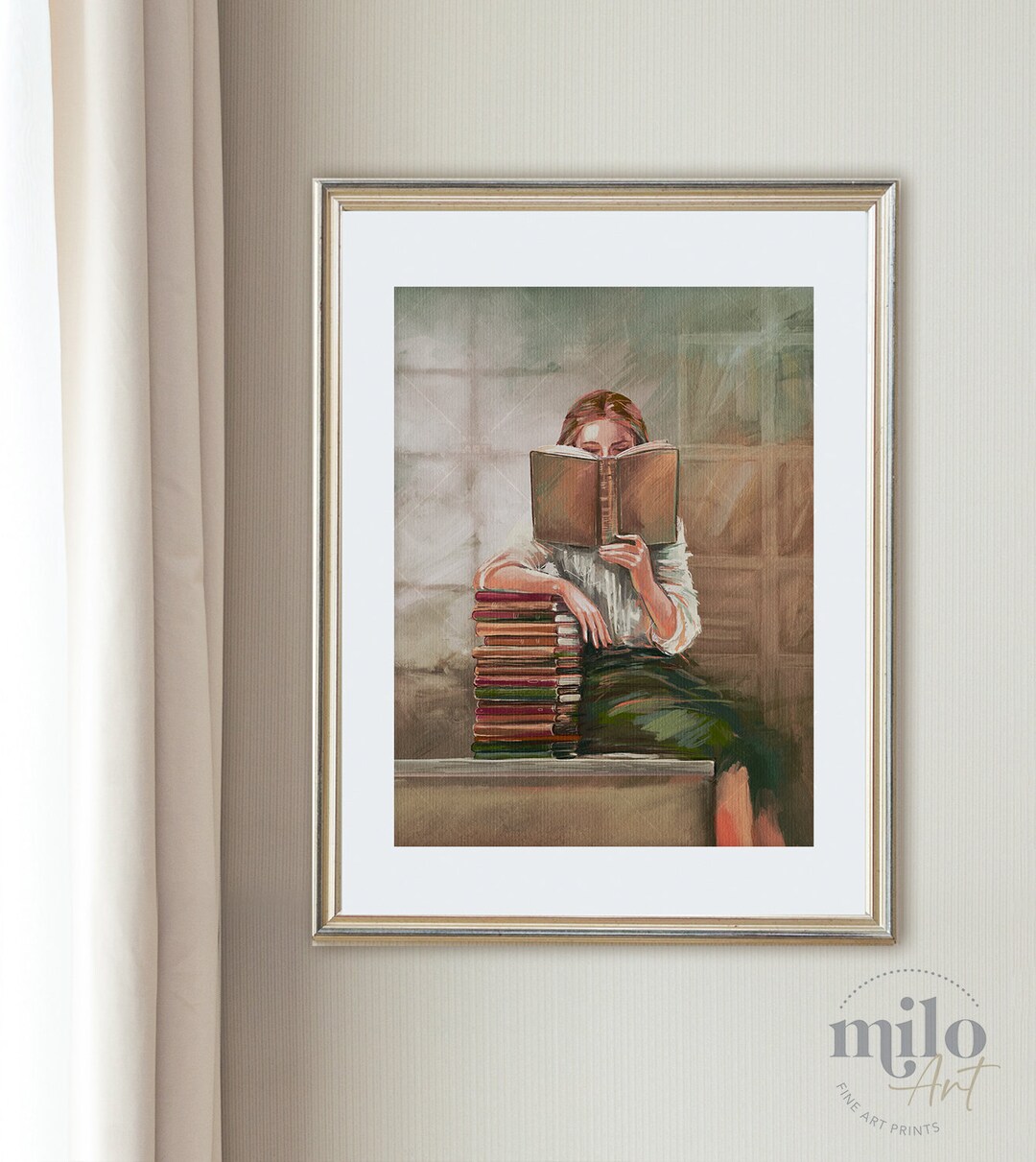 Women Reading Art, Young Girl Reading in Library, Art Painting, Muted ...