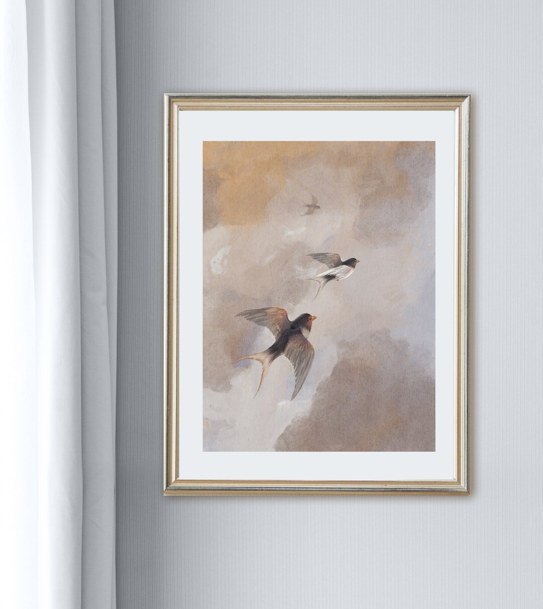Flying Swallows Birds Painting, Sunset Sky, Bird Flock Print, Sunset ...