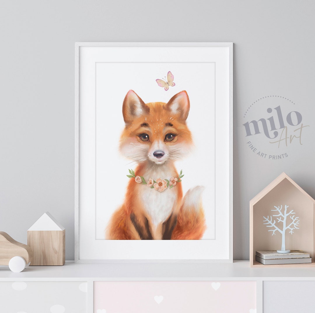 Fox Poster Nursery, Watercolor Art Baby Room, Fox and Butterfly, Poster ...
