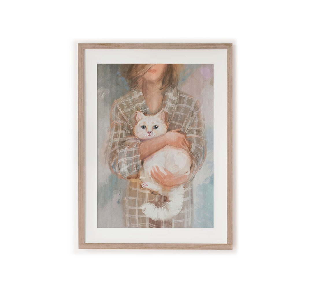 Woman and Cat Art Poster, Cat Poster, Cat Wall Art, Large Wall Art, Cat ...