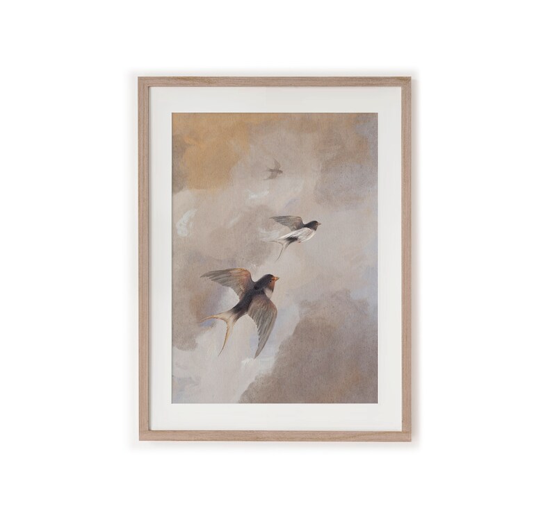 Flying Swallows Birds Painting, Sunset Sky, Bird Flock Print, Sunset ...