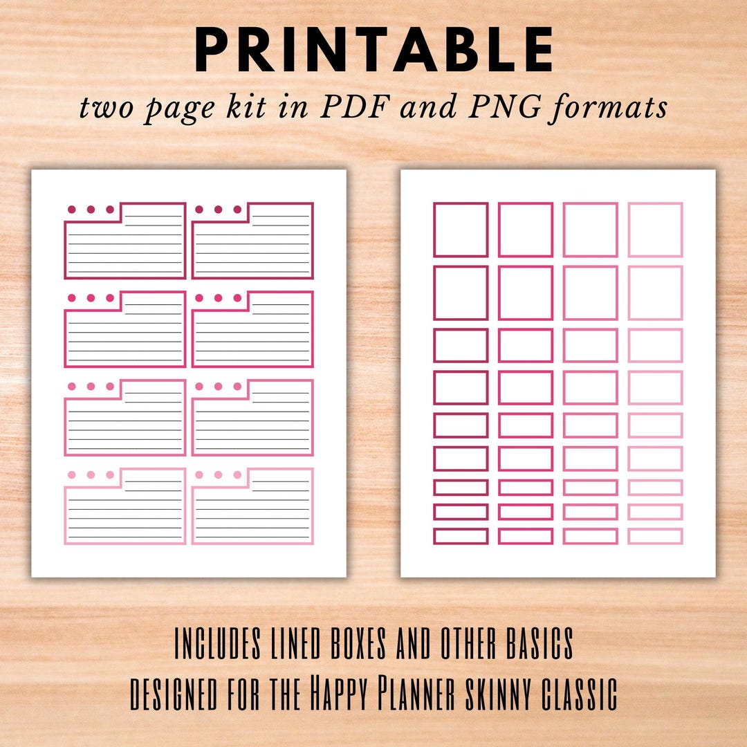 Happy Planner Skinny Classic Printable Lined, Notched Boxes, Pink Box ...