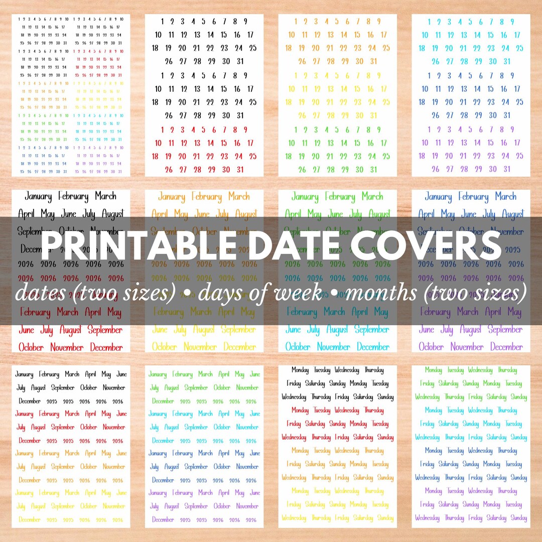 Printable Date Covers, Black & Rainbow Date/weekday/month Stickers for ...