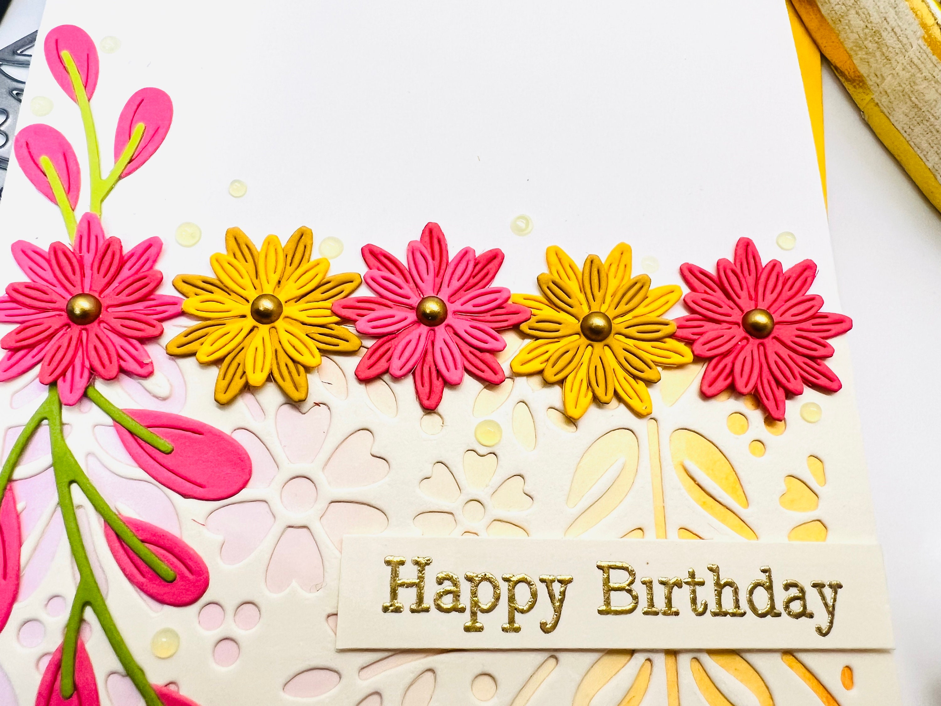 Handmade Happy Birthday Note Card in Colorful Yellow and Pink Floral ...