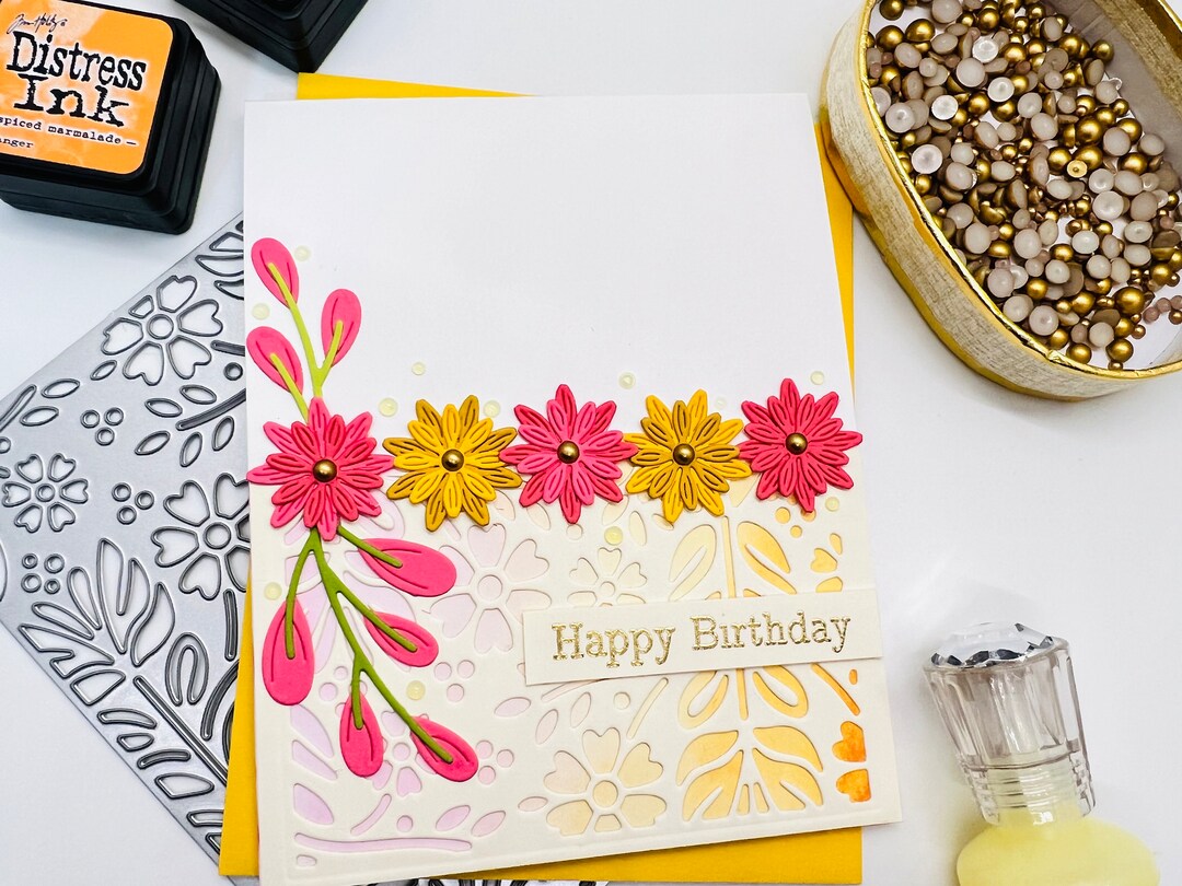 Handmade Happy Birthday Note Card in Colorful Yellow and Pink Floral ...