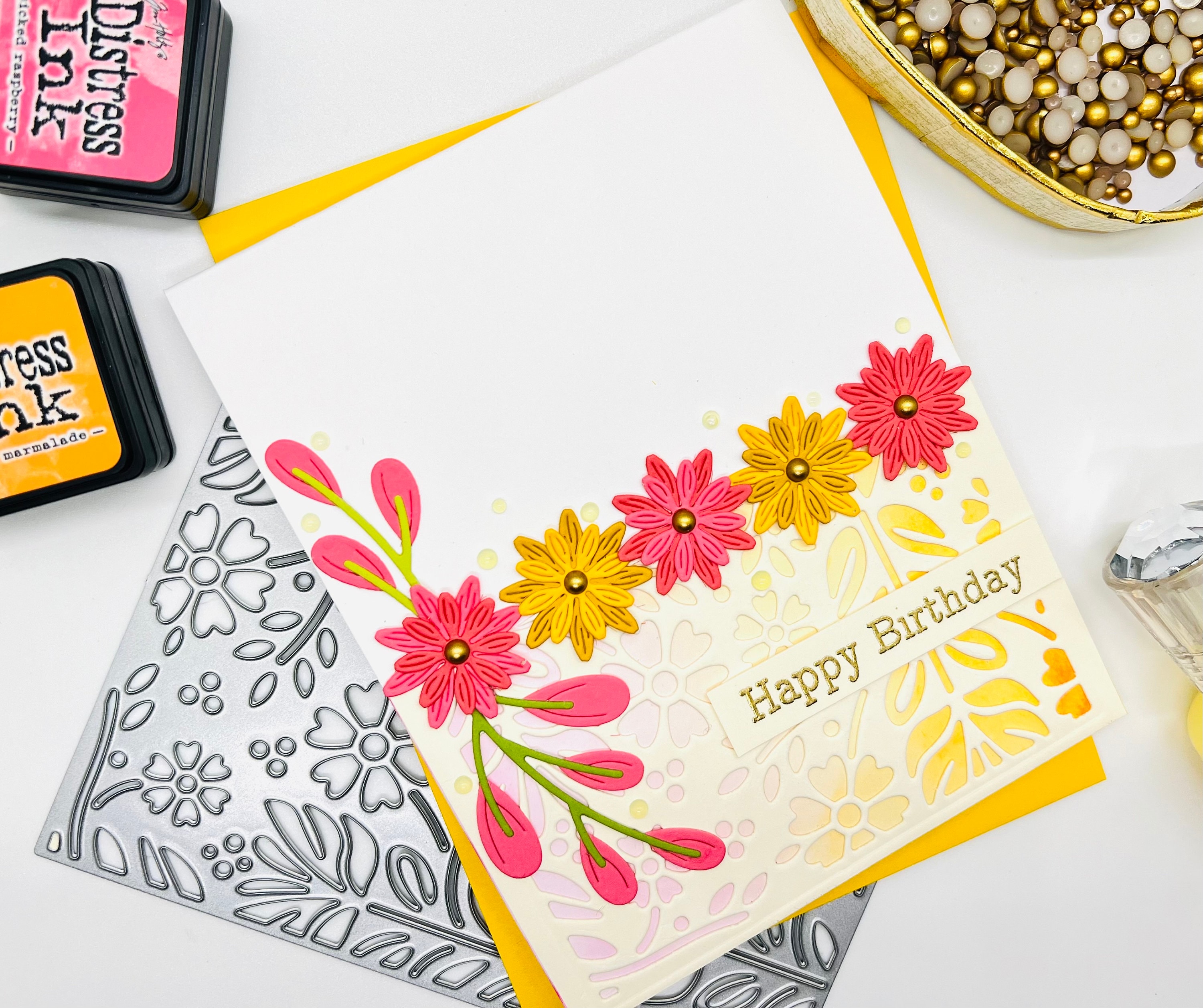 Handmade Happy Birthday Note Card in Colorful Yellow and Pink Floral ...