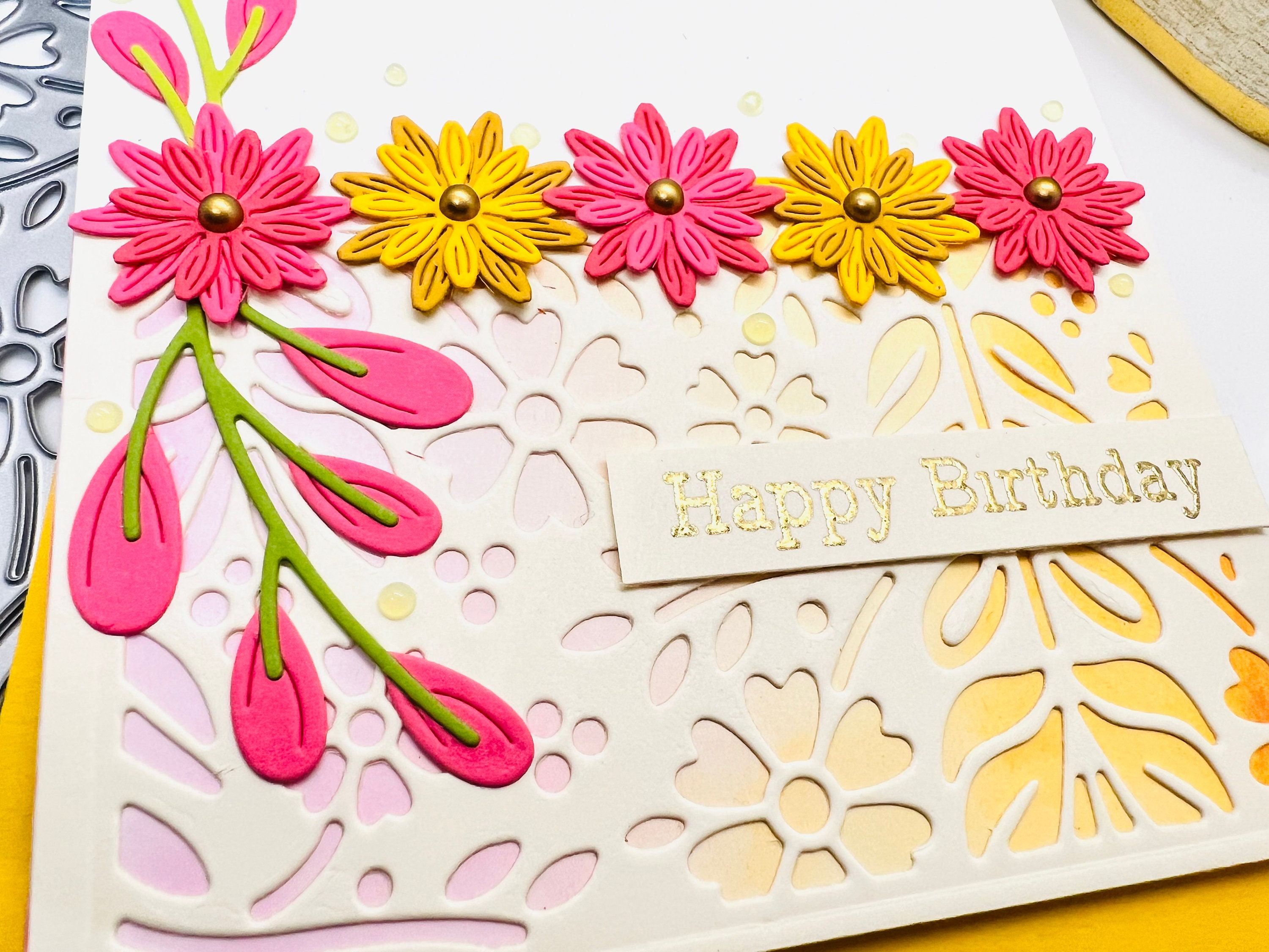 Handmade Happy Birthday Note Card in Colorful Yellow and Pink Floral ...